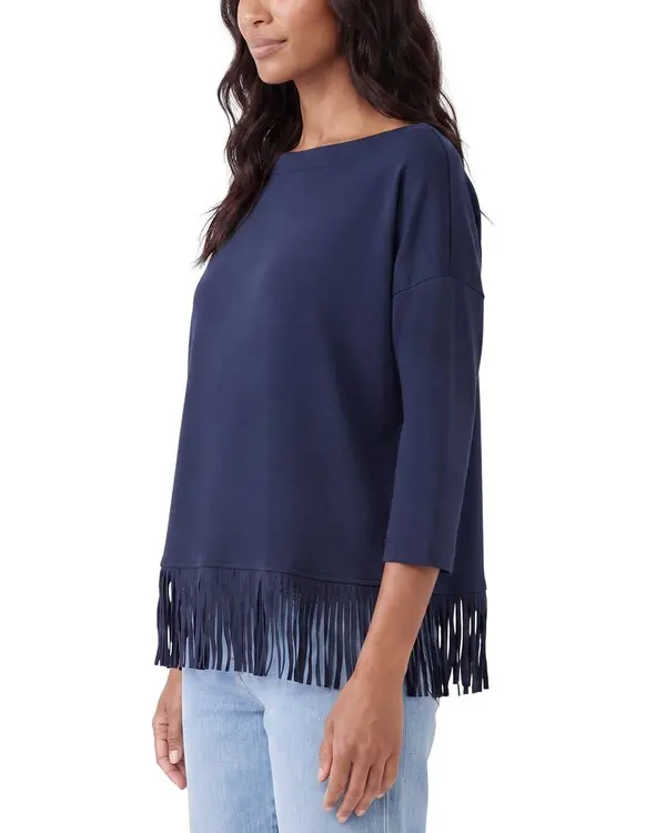 Karen Kane Boat Neck Fringe Trim Top - Navy
