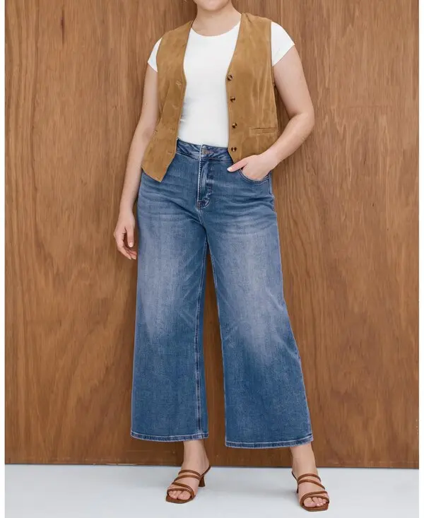 BAYEAS Plus Mid Rise Wide Leg Jeans Highly Stretchy Classic Denim For