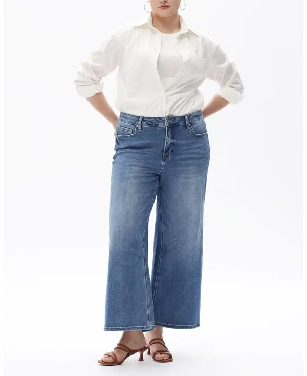 BAYEAS Plus Mid Rise Wide Leg Jeans Highly Stretchy Classic Denim For