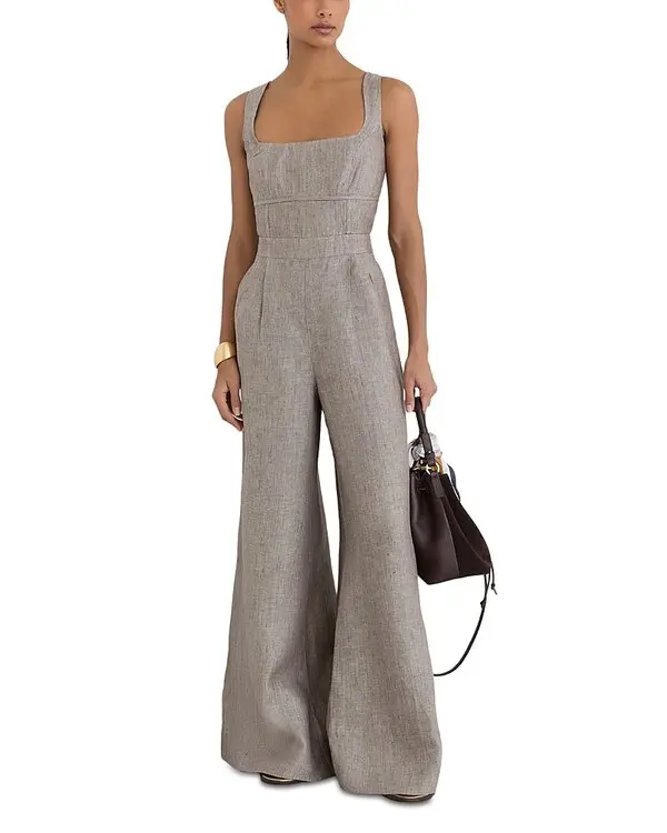 REISS Flora Linen Square Neck Wide Leg Jumpsuit - Neutral