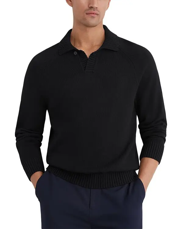 REISS Ashdown Cotton Open Collar Polo Sweater - Navy