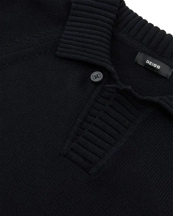 REISS Ashdown Cotton Open Collar Polo Sweater - Navy