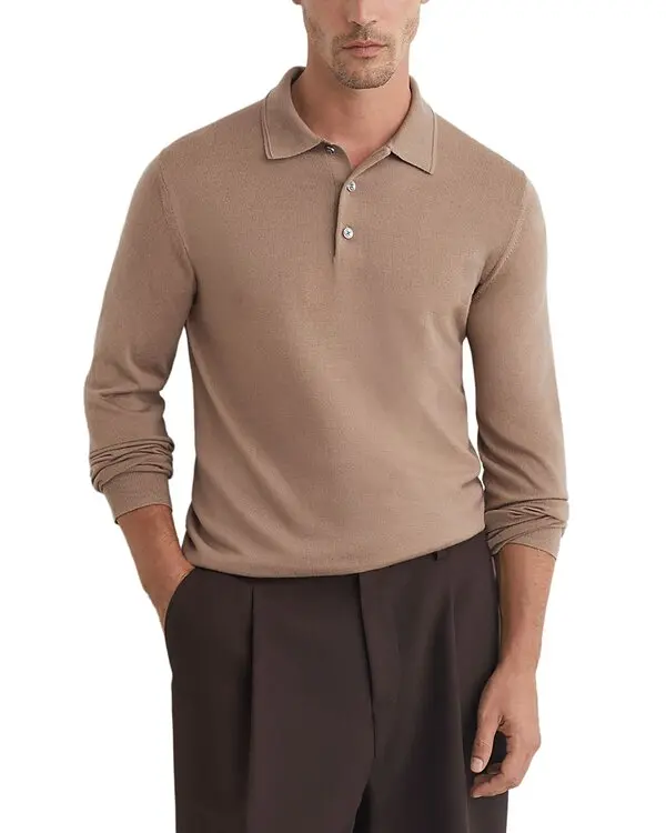 REISS Wool Slim Polo Shirt - Camel Brown