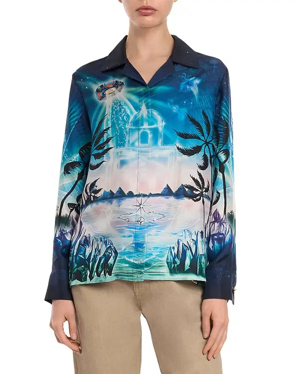 Casablanca Silk Cuban Collar Long Sleeve Shirt