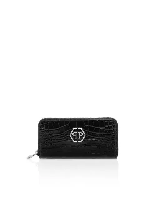 Philipp Plein Croco Embossed Round Zip Wallet