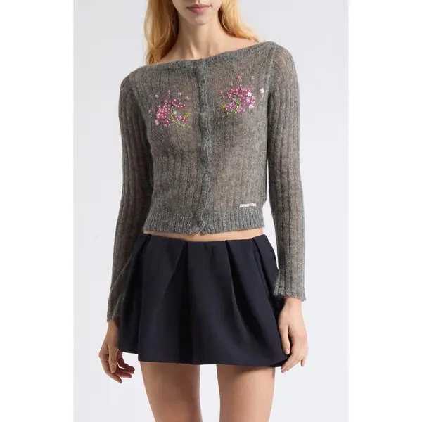SHUSHU/TONG Beaded Floral Wool & Mohair Blend Cardigan - Grey