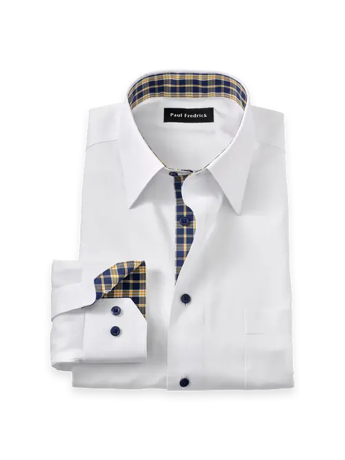 PAUL FREDRICK Cotton Spandex Point Collar Pinpoint Tailored Contrast Trim Button Cuff Long Sleeve Shirt - White Multi