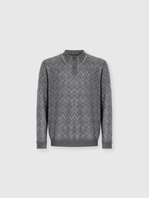 Missoni Long-sleeve Cashmere Zig Zag Polo Shirt - Grey