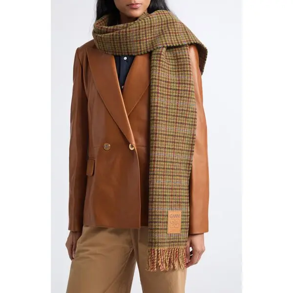 GANNI Mini Check Plaid Wool Scarf - Multicolour