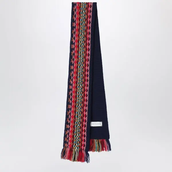 Dries Van Noten Navy Wool Scarf With Multicolour Jacquard Pattern