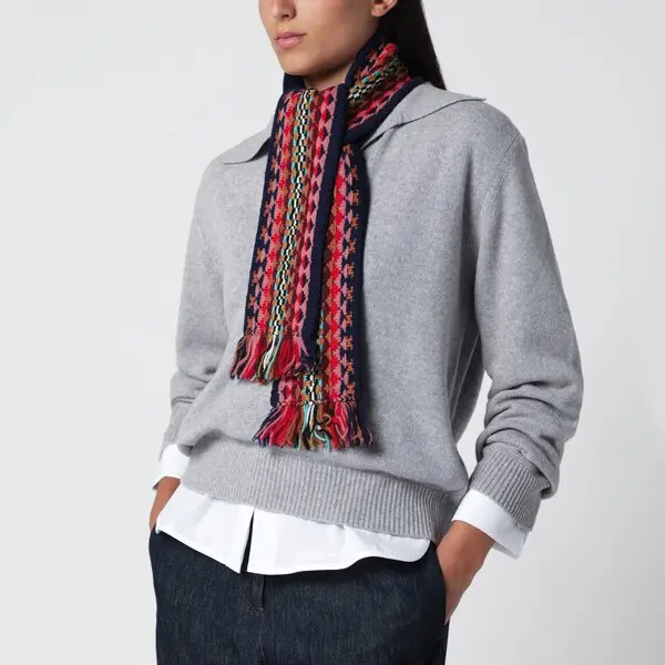 Dries Van Noten Navy Wool Scarf With Multicolour Jacquard Pattern