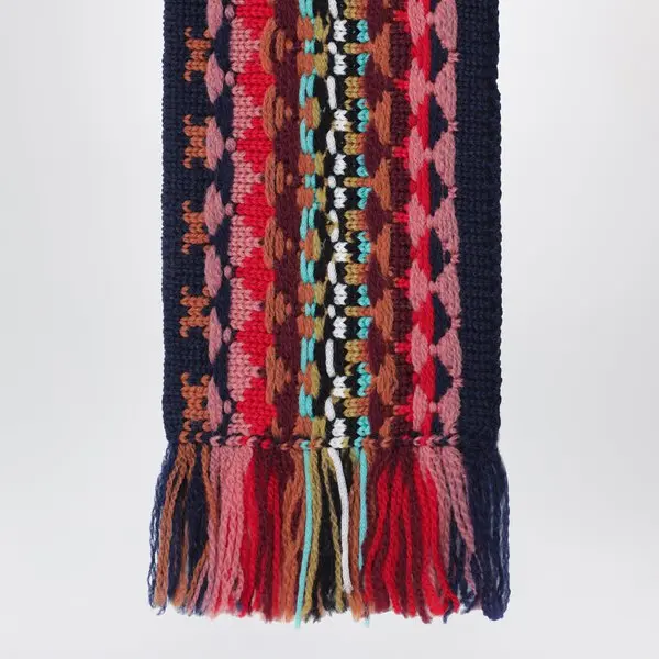 Dries Van Noten Navy Wool Scarf With Multicolour Jacquard Pattern