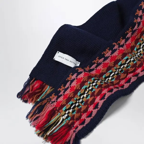 Dries Van Noten Navy Wool Scarf With Multicolour Jacquard Pattern