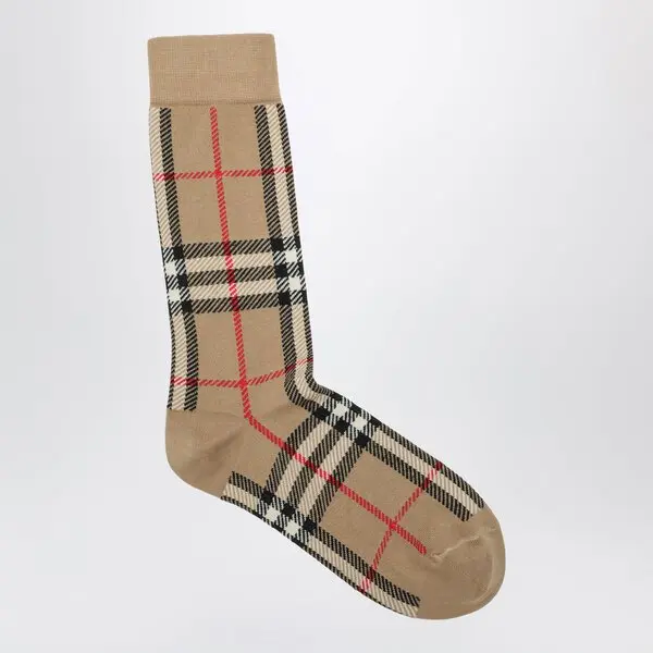 Burberry Check Socks In Cotton And Cashmere Blend - Beige