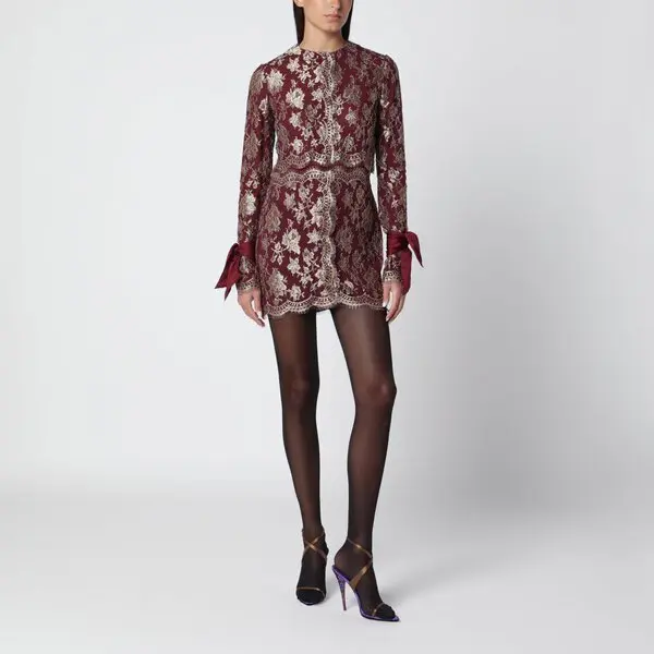 Saint Laurent Pepin Mini Dress In Metallic Lace - Burgundy