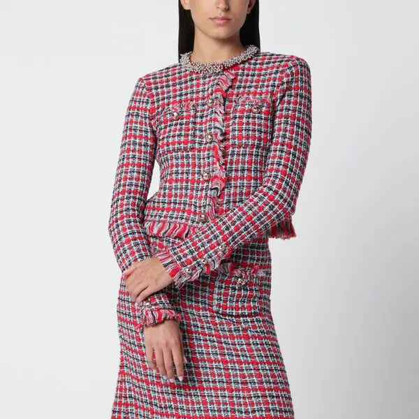 SELF-PORTRAIT Fringed Checked Knit Jacket - Red
