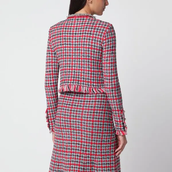 SELF-PORTRAIT Fringed Checked Knit Jacket