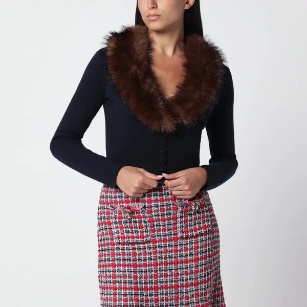 SELF-PORTRAIT Navy Knitted Cardigan With Faux Fur - Blue