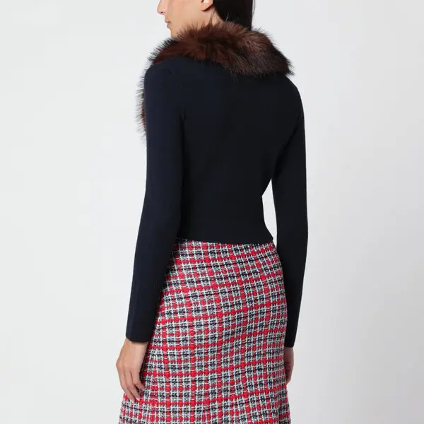 SELF-PORTRAIT Navy Knitted Cardigan With Faux Fur