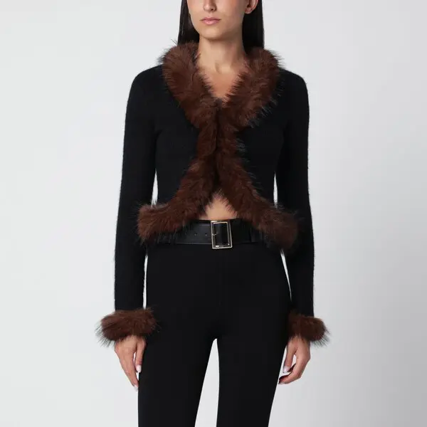 SELF-PORTRAIT Knitted Cardigan With Faux Fur - Black