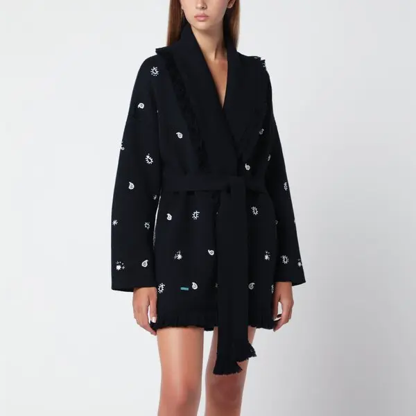 Alanui Echoes Of The Bandana Navy Wool Cardigan - Blue