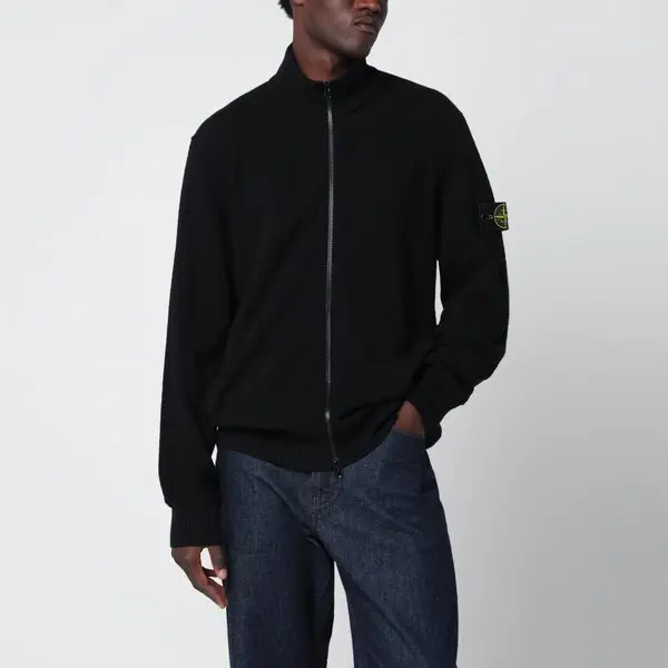 Stone Island Zip-up Sweater In Pure Wool - Black