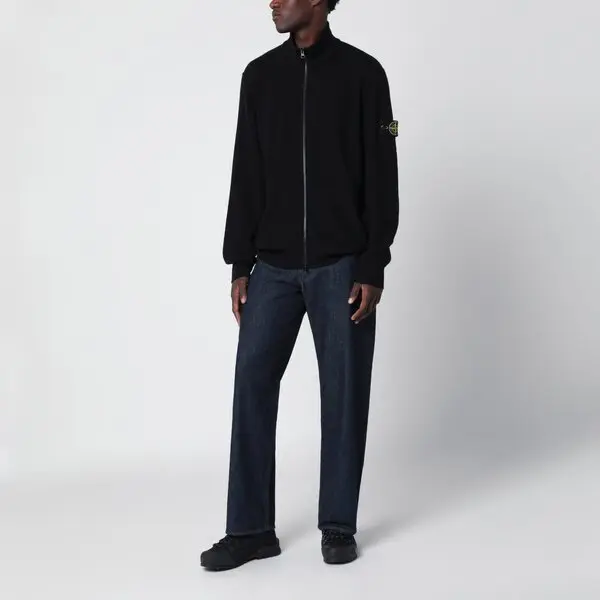 Stone Island Zip-up Sweater In Pure Wool - Black