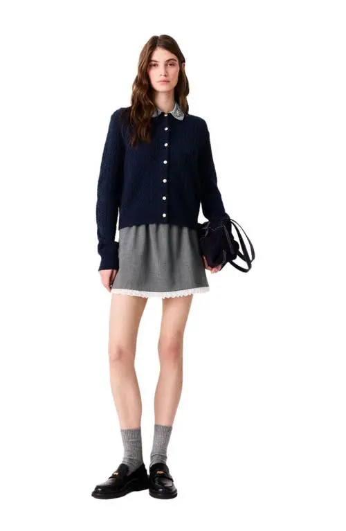 Maje Cardigan With Poplin Collar - Navy