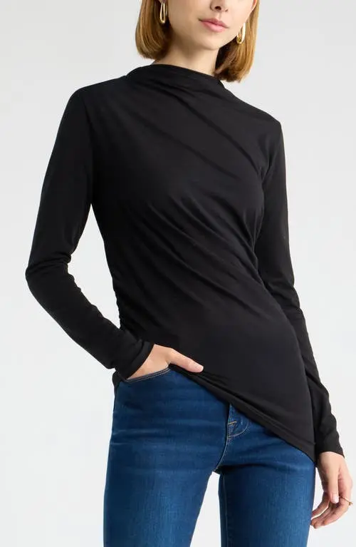 OPEN EDIT Ruched Asymmetrical Mock Neck Top - Black