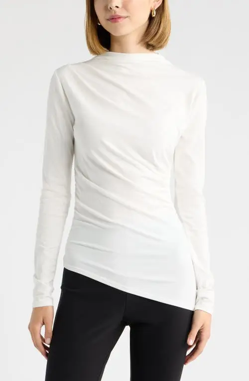 OPEN EDIT Ruched Asymmetrical Mock Neck Top - Ivory