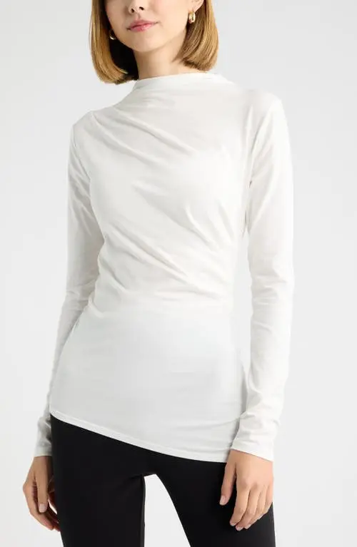 OPEN EDIT Ruched Asymmetrical Mock Neck Top - Ivory