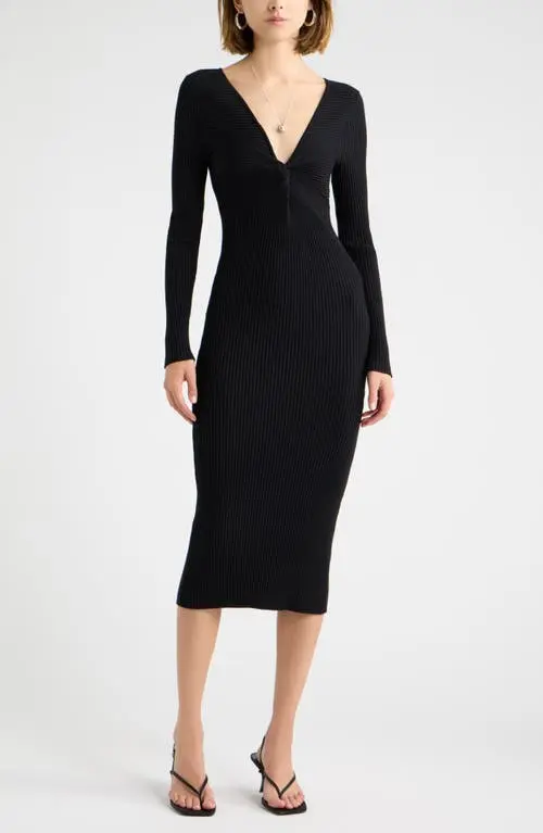 OPEN EDIT Knot Front Long Sleeve Sweater Dress - Black