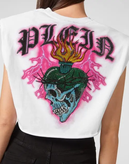 Philipp Plein Shoulder Pads Cropped Top Love Tattoo - White