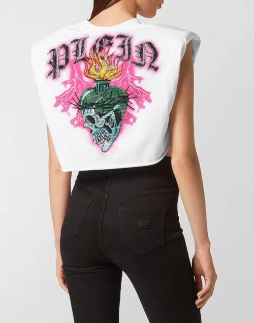 Philipp Plein Shoulder Pads Cropped Top Love Tattoo - White