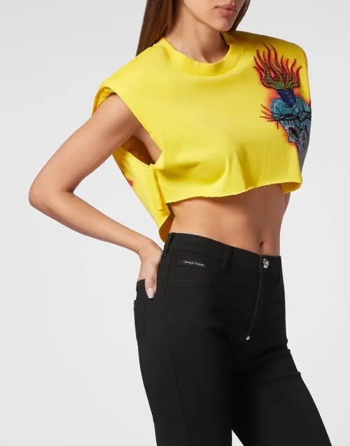 Philipp Plein Shoulder Pads Cropped Top Love Tattoo - Yellow