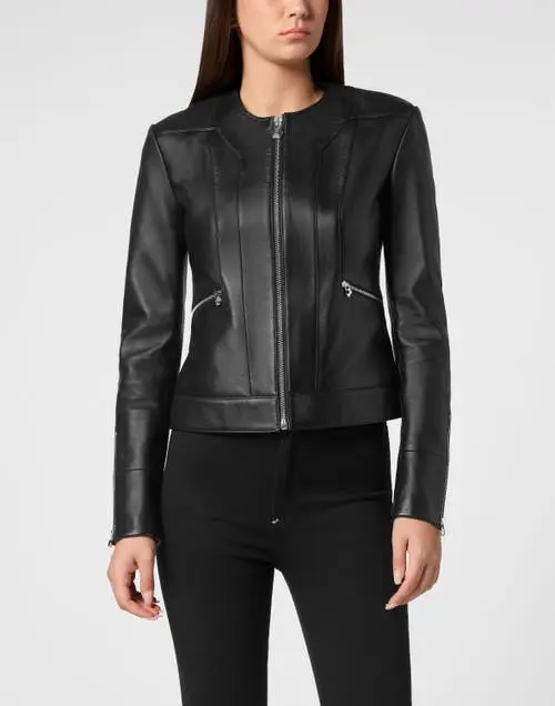 Philipp Plein Leather Biker Jacket Ls
