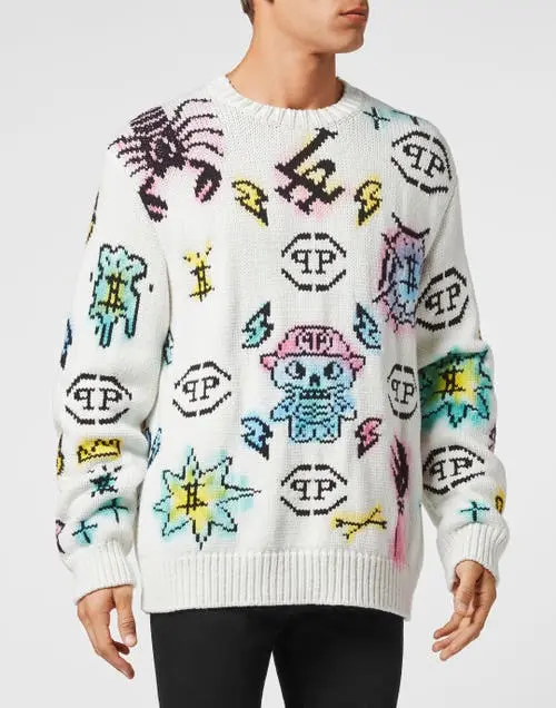 Philipp Plein Wool Cotton Pullover Round Neck Ls Tattoo Monogram