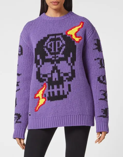 Philipp Plein Round Neck Pullover Ls Skull - Purple