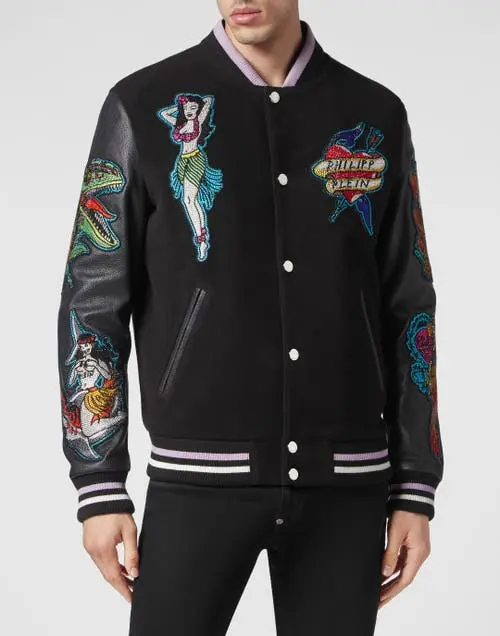 Philipp Plein Leather College Bomber Hawaii - Black