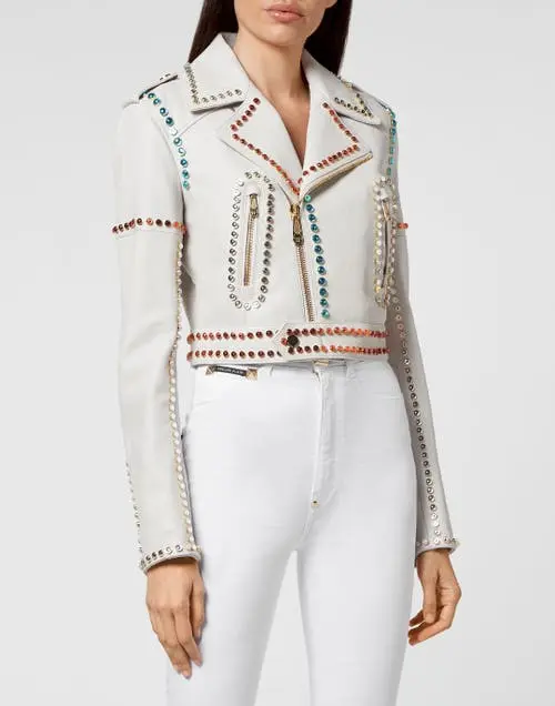 Philipp Plein Leather Biker Cropped Crystal Stones With Crystals - White