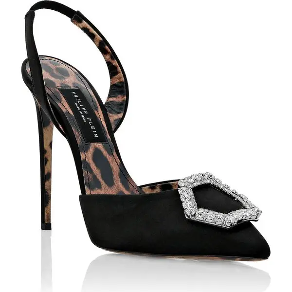 Philipp Plein Satin Decollete Slingback Hi-heels Crystal Hexagon - Black