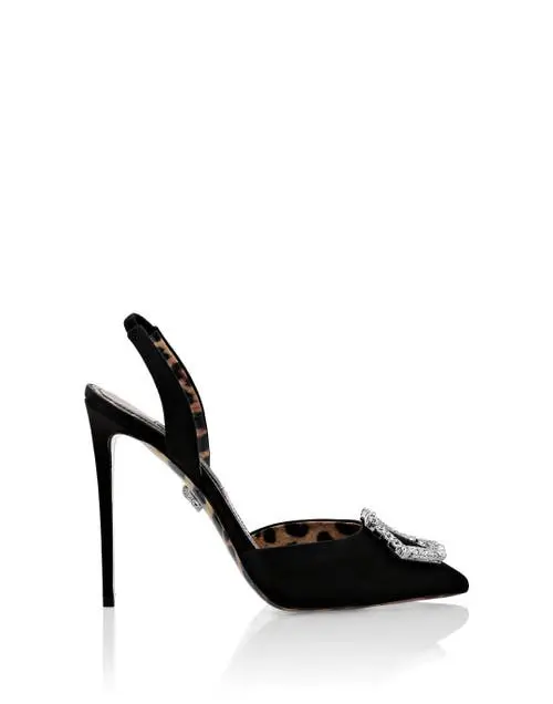 Philipp Plein Satin Decollete Slingback Hi-heels Crystal Hexagon - Black