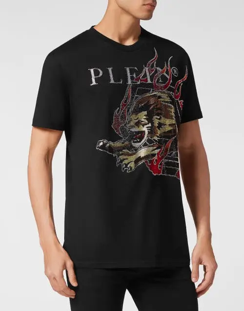 Philipp Plein T-shirt Round Neck Ss With Crystals Lion Circus