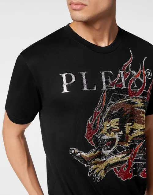 Philipp Plein T-shirt Round Neck Ss With Crystals Lion Circus
