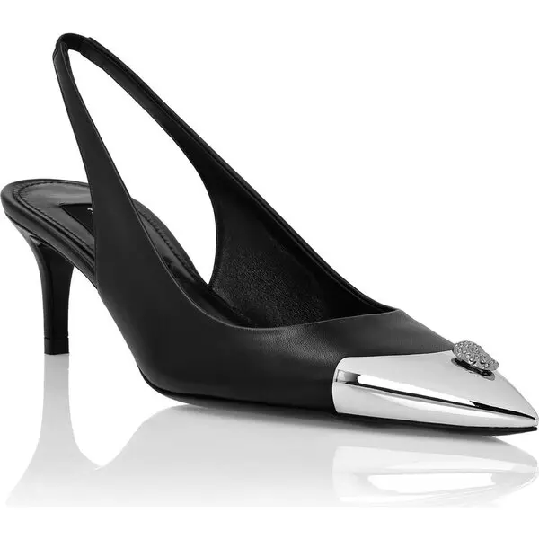 Philipp Plein Leather Slingback Shoes Skull Strass - Black