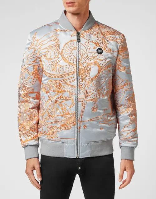 Philipp Plein Satin Bomber Skeleton Tattoo - Grey