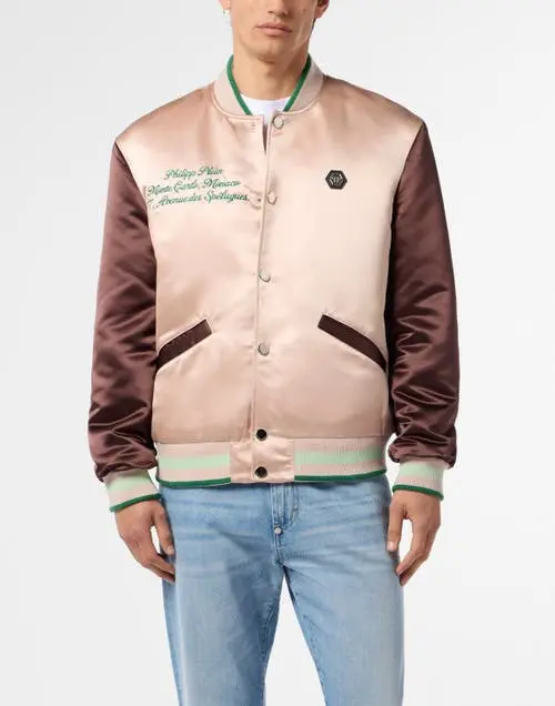 Philipp Plein Shiny Satin College Bomber Signature Monte Carlo - Beige