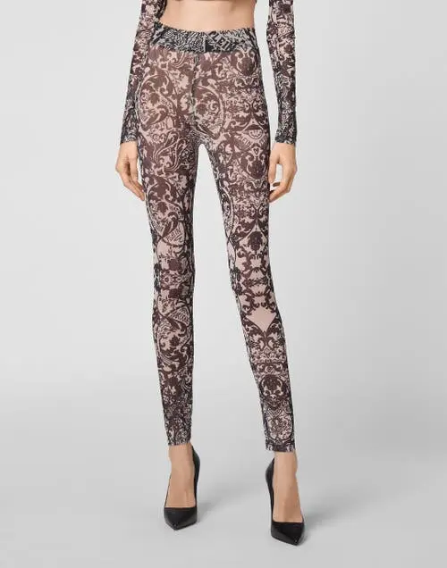 Philipp Plein Leggings Stretch Printed Tulle New Baroque - Nudepink