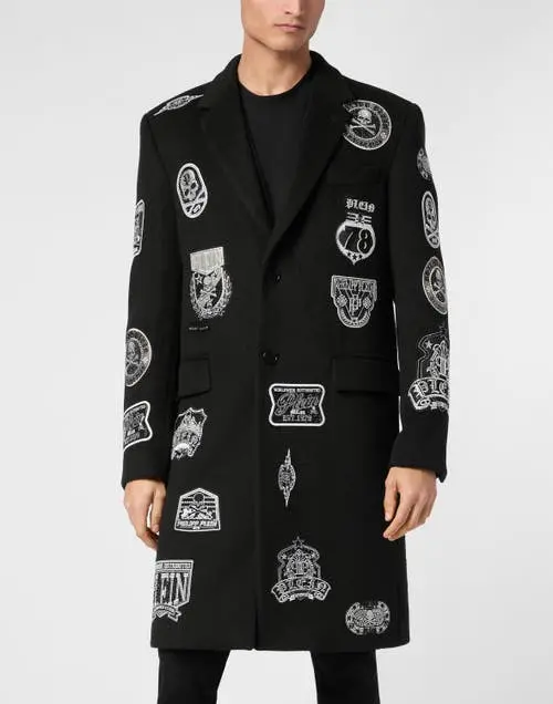 Philipp Plein Wool Long Coat With Patches - Black