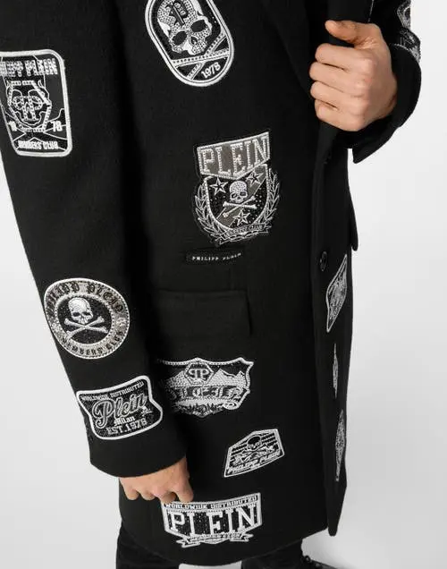 Philipp Plein Wool Long Coat With Patches
